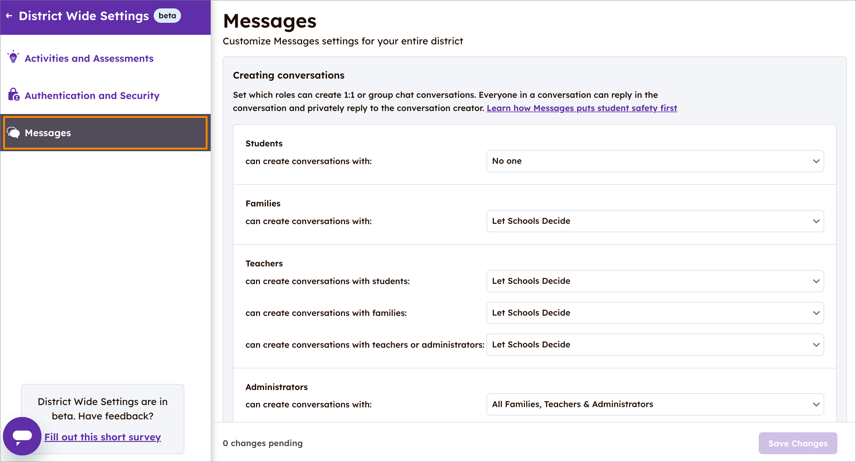 Messages School Settings for District Admins – Seesaw Help Center